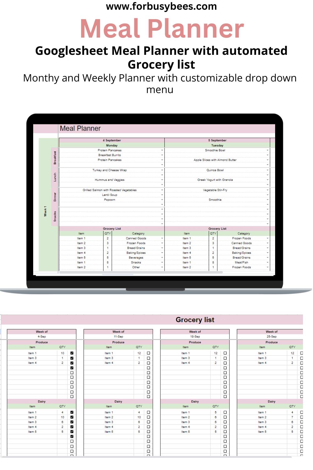Google Sheet Meal Planner and Automated Grocery List - For Busy Bee's
